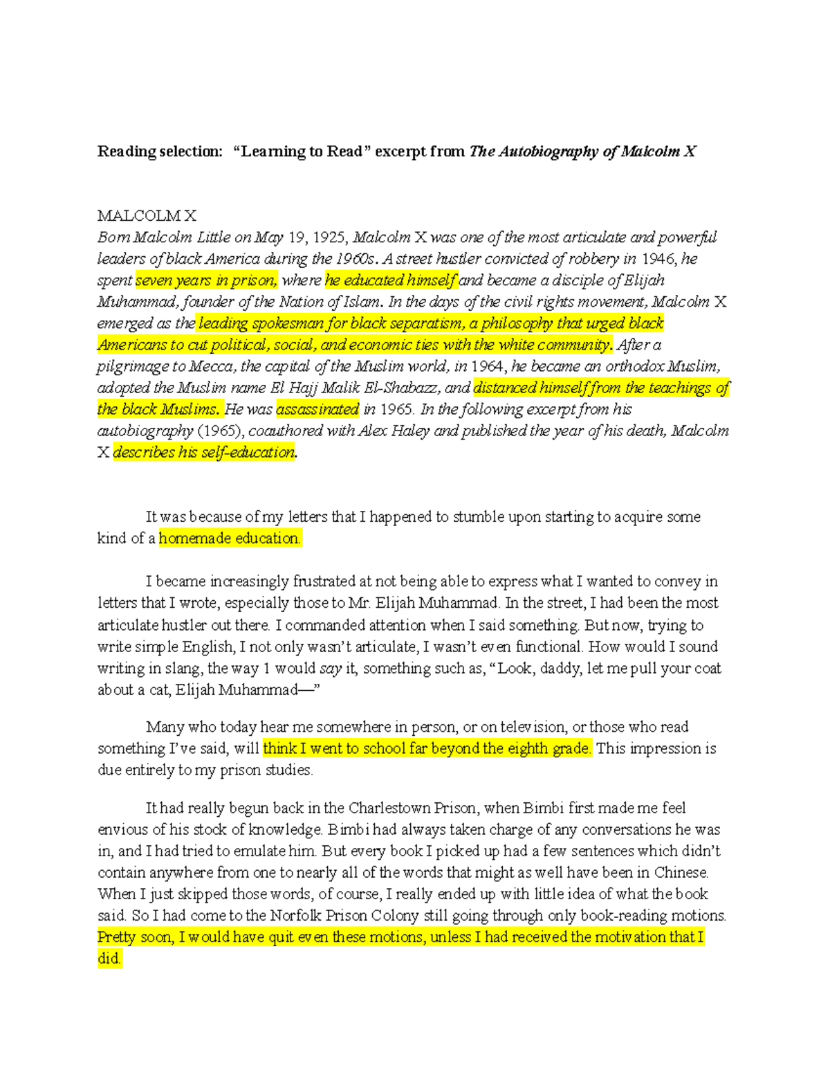 Reading selection “Learning to Read” excerpt from The Autobiography of Malcolm X - A street ...
