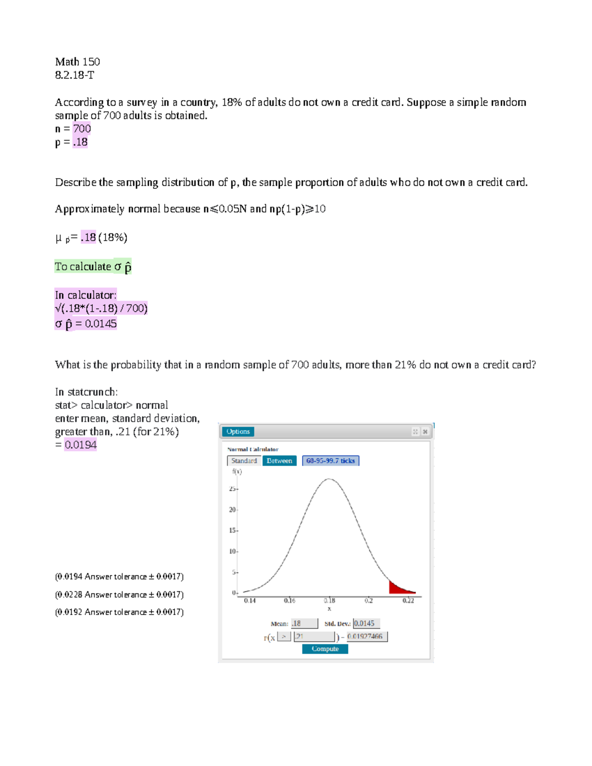 Credit card question with sigma sub p hat - Math 150 8.2-T According to ...