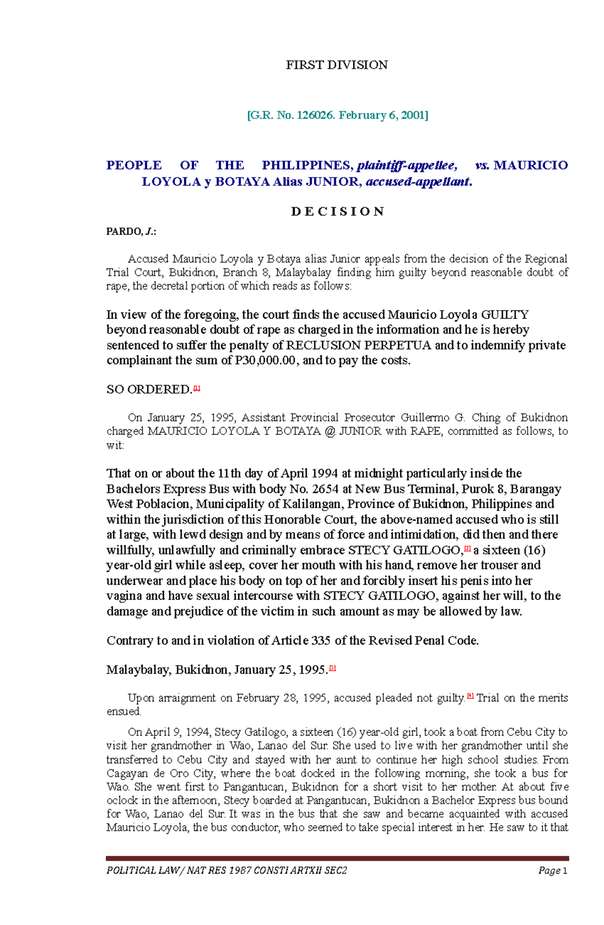 Pp vs Loyola rape case - rape case - FIRST DIVISION [G. No. 126026 ...