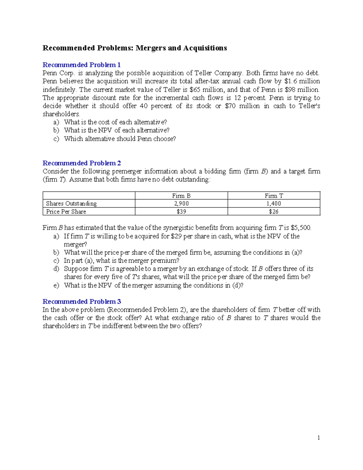 3a Recommended Problems - Recommended Problems: Mergers and ...