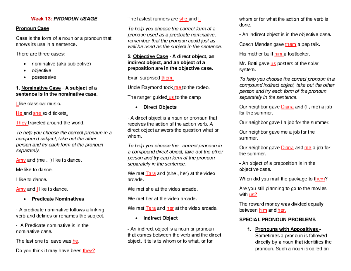 ENG Finals - GOODLUCKK! - Week 13: PRONOUN USAGE Pronoun Case Case is ...