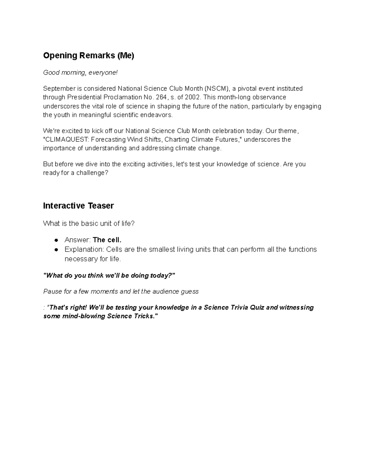 NSCM Program - Opening Remarks (Me) Good morning, everyone! September ...