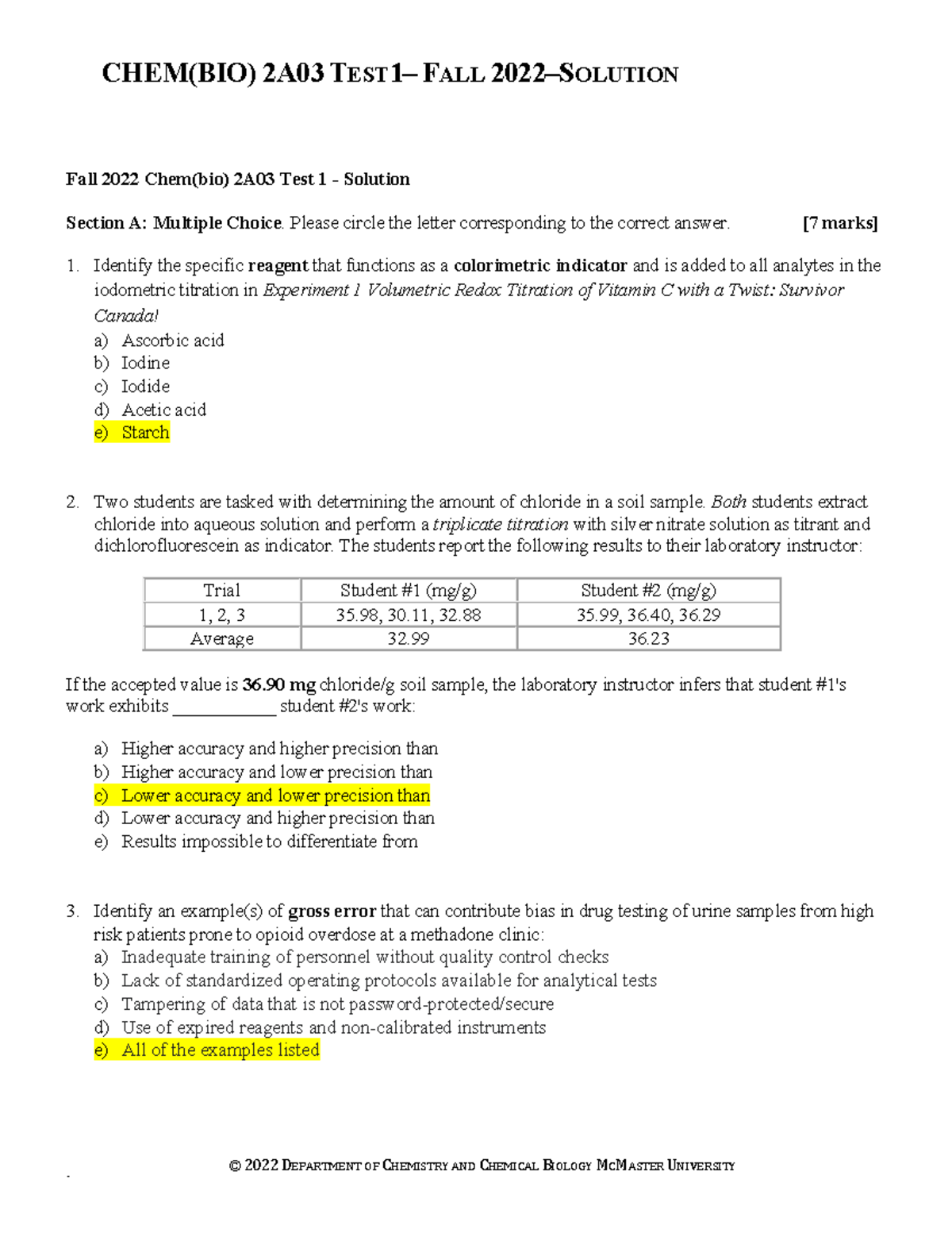 F2022 CBB 2A03 Test 1 Solution - Fall 2022 Chem(bio) 2A03 Test 1 ...