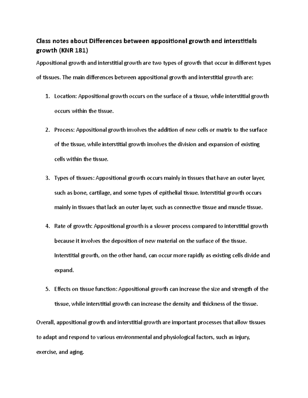 Class notes about Differences between appositional growth and ...