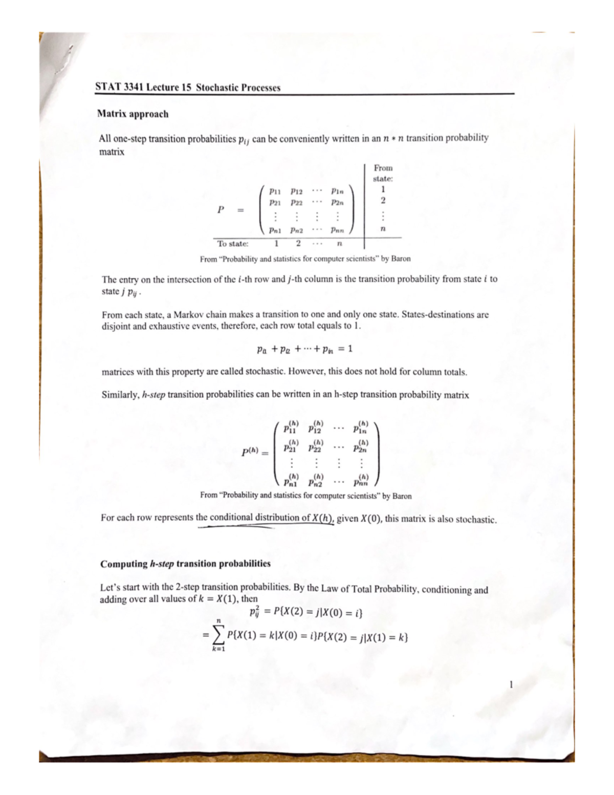 STAT 3341 Lecture 15 Stochastic Processes - STAT 3341 Lecture 15 Stochastic Processes Matrix ...