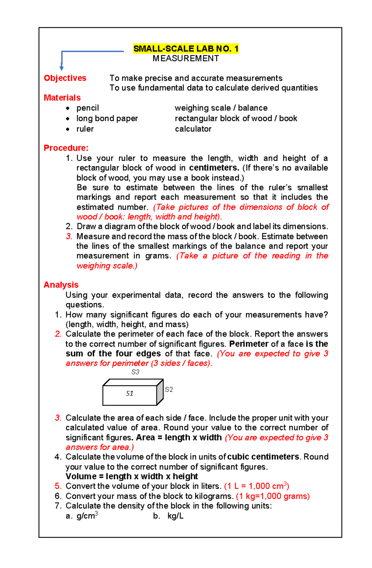 Activity- Measurement - SMALL-SCALE LAB NO. 1 MEASUREMENT Objectives To ...