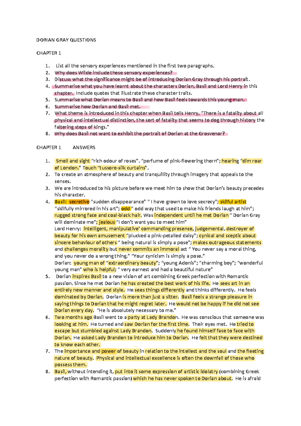 Dorian contextuals - Chapter 1 to 12 combined questions - DORIAN GRAY QUESTIONS CHAPTER 1 List ...