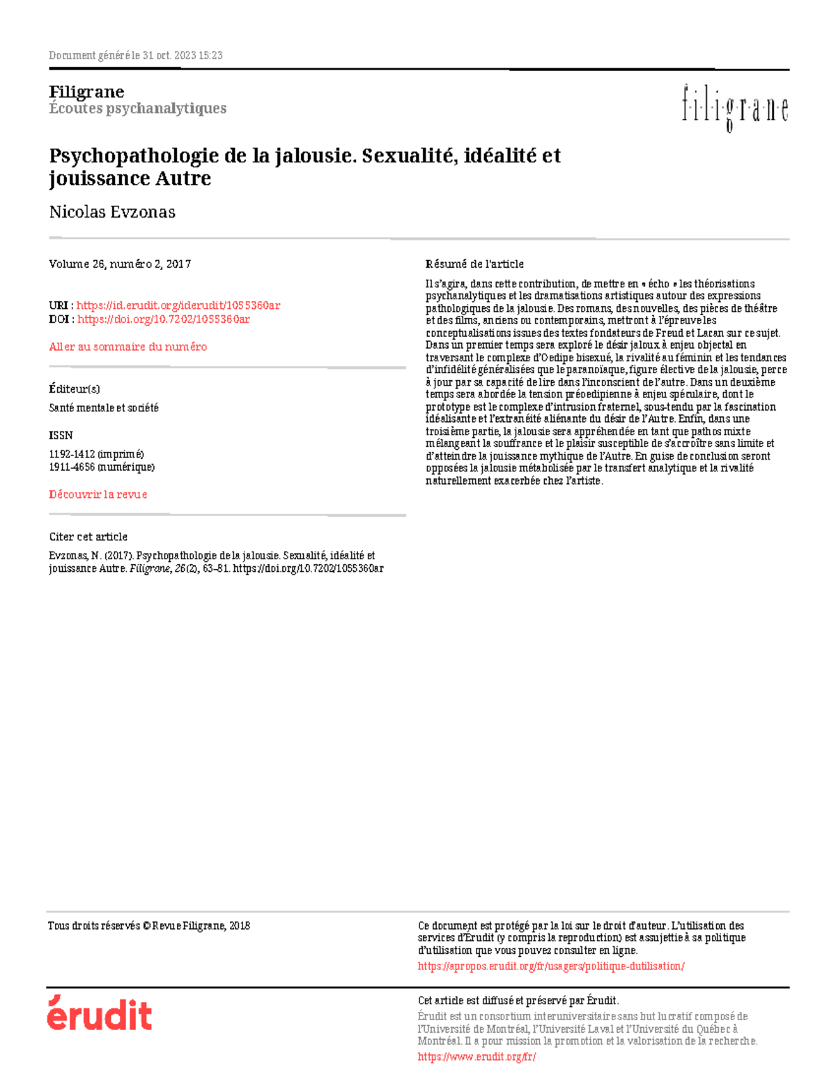 Psychopathologie de la jalousie. Sexualité, idéalité et - Tous droits ...