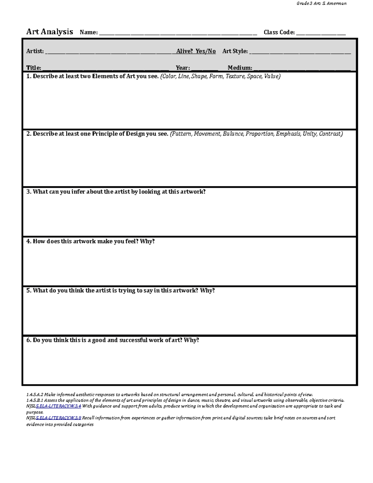 Art Analysis Worksheet-1 - Grade 3 Art: S. Amerman Art Analysis Artist ...
