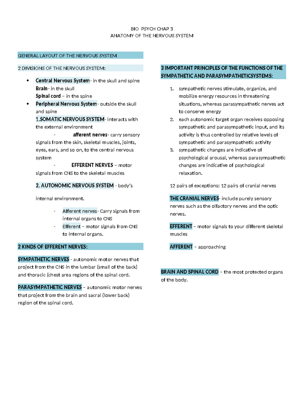 BIO Psych CHSP 3 - BIO PSYCH CHAP 3 ANATOMY OF THE NERVOUS SYSTEM ...