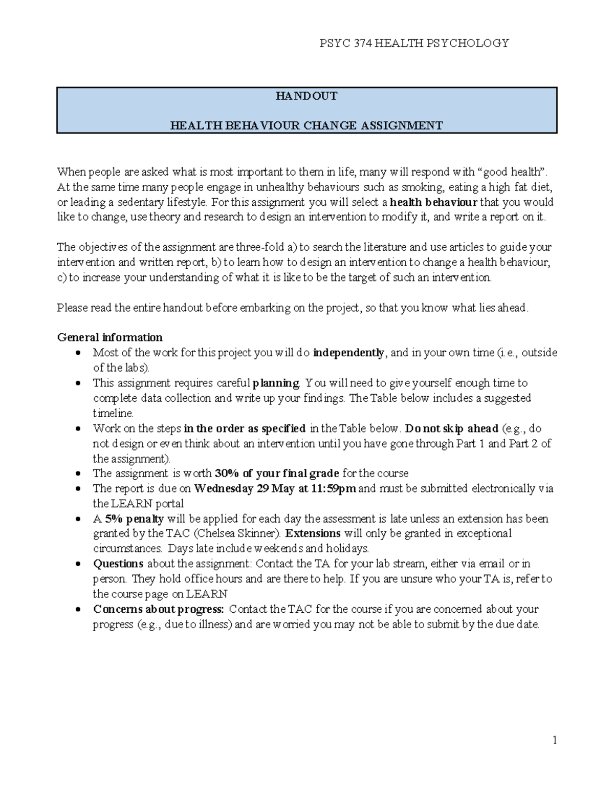 PSYC374 Student Handout Behaviour Change Report 2024 - HANDOUT HEALTH ...
