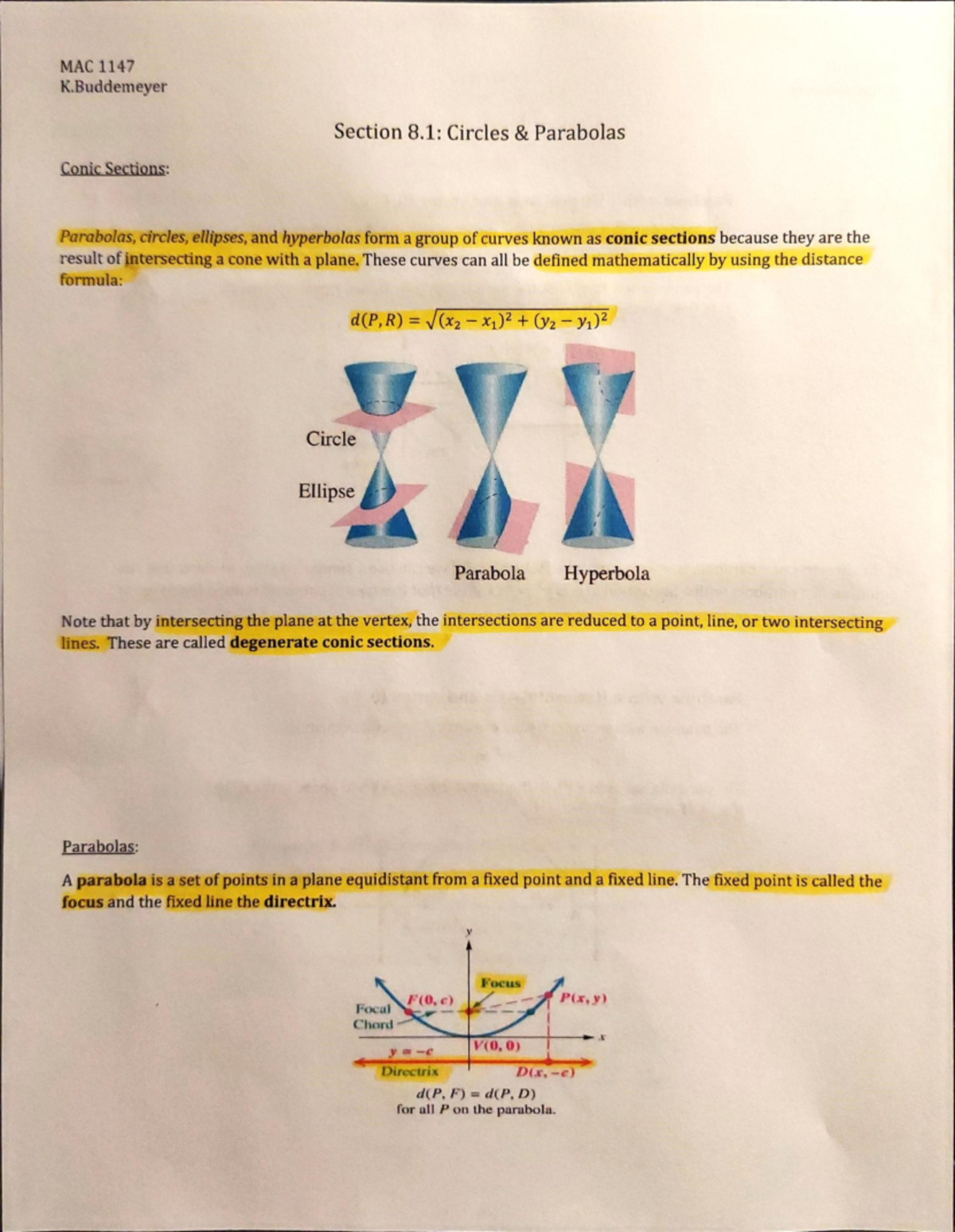 8.1 video notes - K Section 8: Circles & Parabolas Conic Sections ...