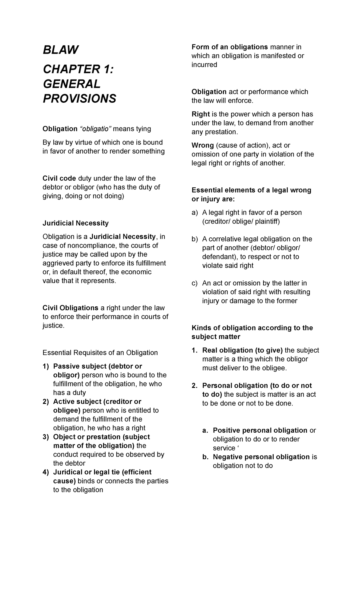 BLAW - LAW ON OBLIGATIONS AND CONTRACTS - BLAW CHAPTER 1: GENERAL PROVISIONS Obligation ...