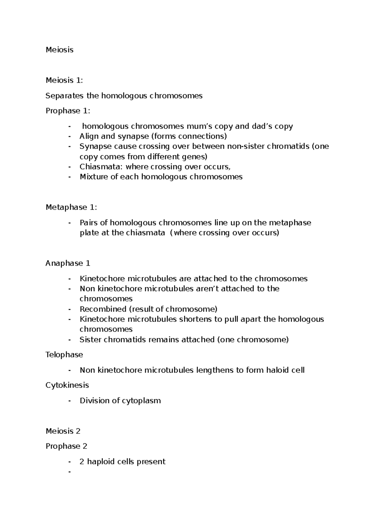 Meiosis summary - Meiosis Meiosis 1: Separates the homologous ...