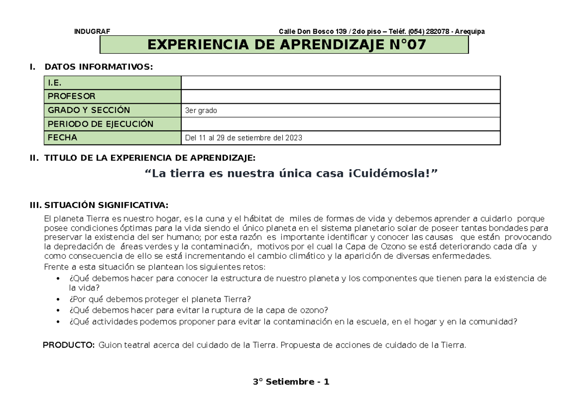 3° Grado - Experiencia DE Aprendizaje N°07 - EXPERIENCIA DE APRENDIZAJE N° I. DATOS INFORMATIVOS ...