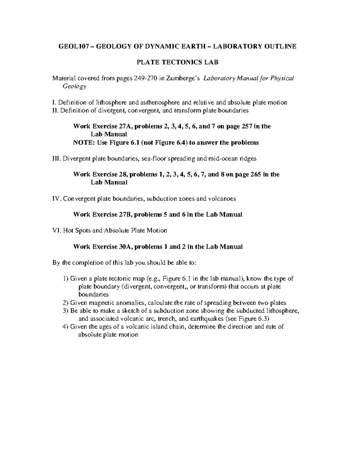 GEOL107 Lab 9 Plate Tectonics Lab Outline - GEOL107 – GEOLOGY OF DYNAMIC EARTH – LABORATORY ...