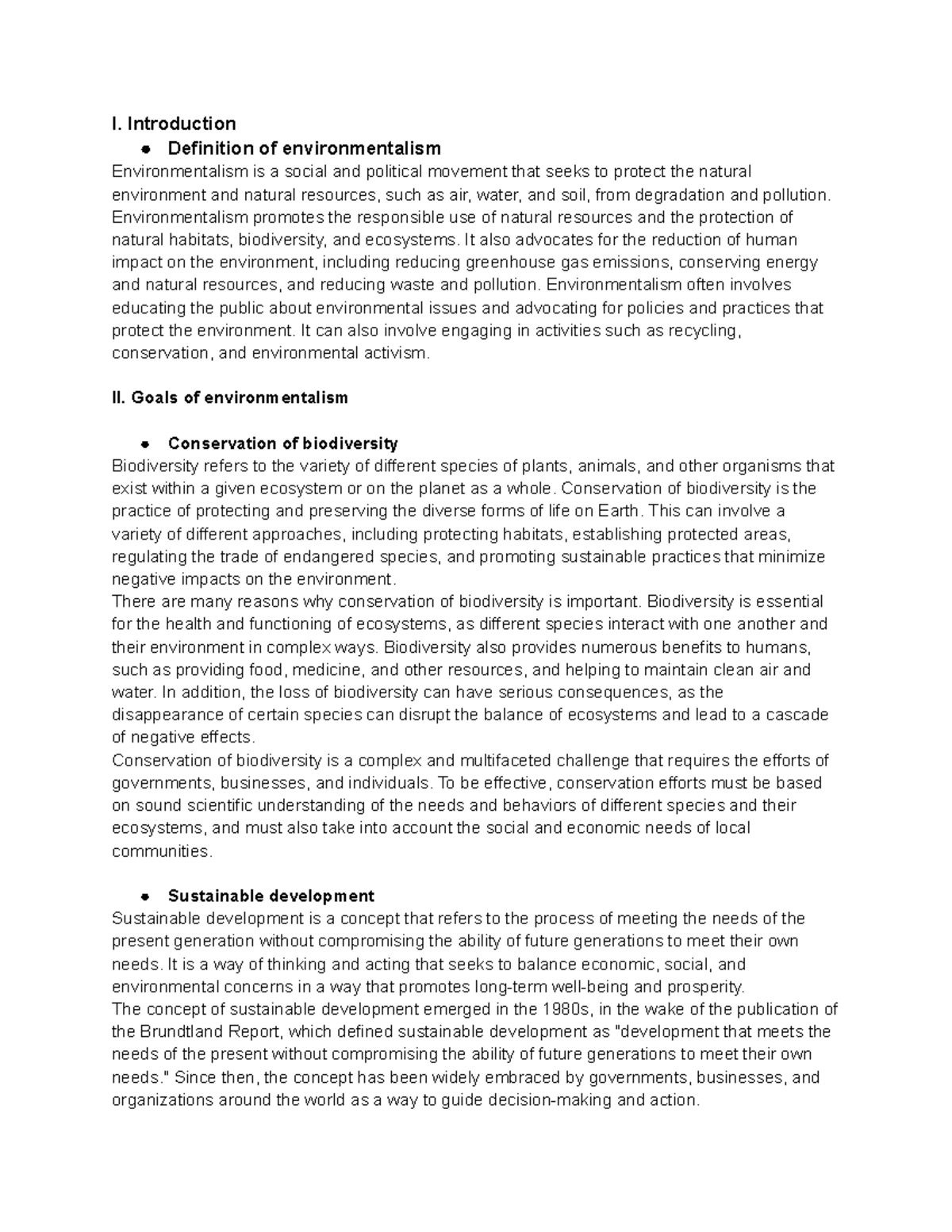 Environmentalism Notes - I. Introduction Definition of environmentalism ...