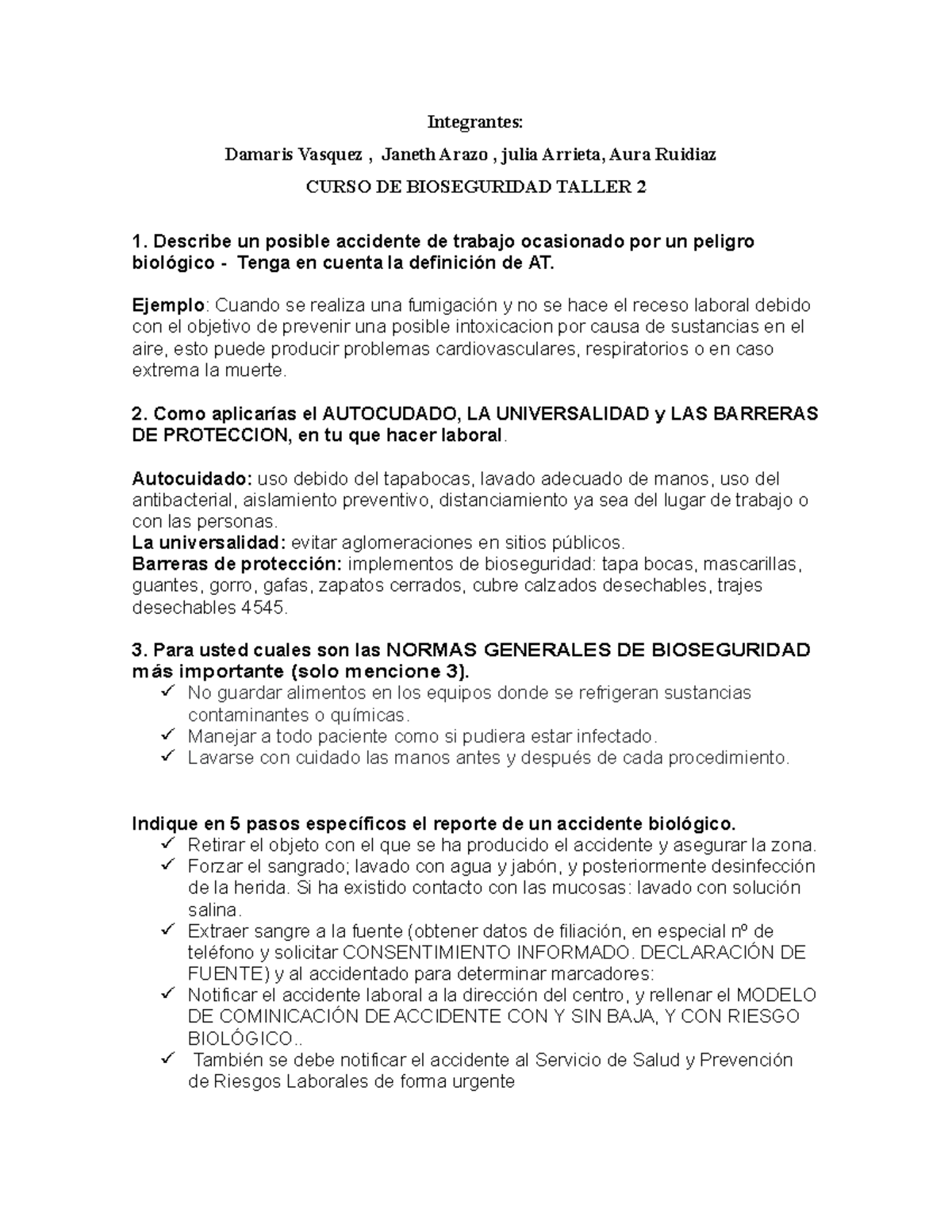 Curso DE Bioseguridad Taller 2 - Integrantes: Damaris Vasquez , Janeth ...