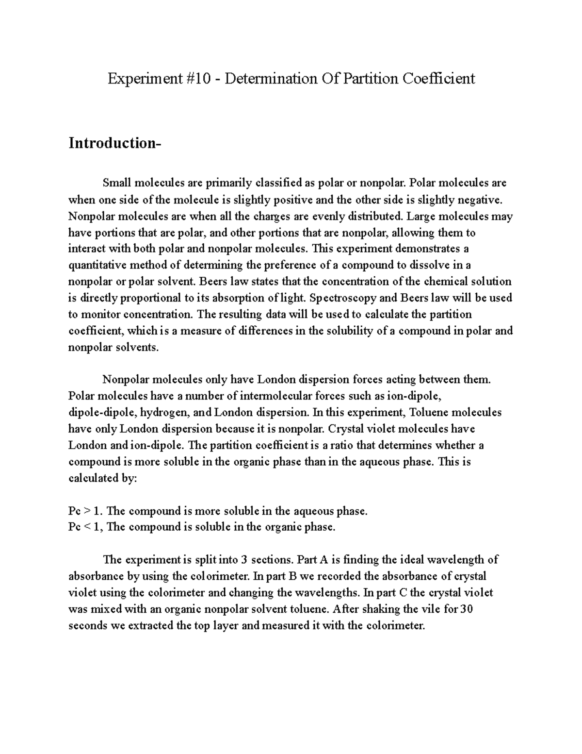 Experiment #10 - Determination Of Partition Coefficient - Experiment #10 - Determination Of ...
