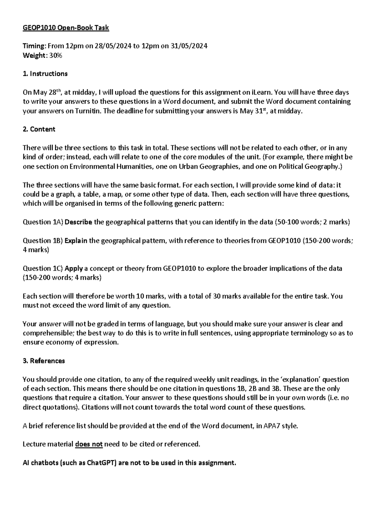 GEOP1010 Open-Book Task Instructions - GEOP1010 Open-Book Task Timing ...