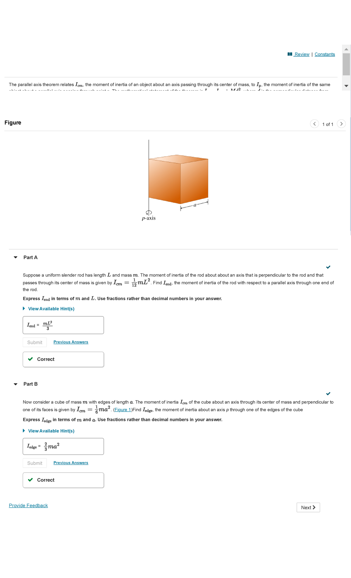 Mastering Physics Ch. 9, Parallel Axis Therom - 1 of 1 Next The ...