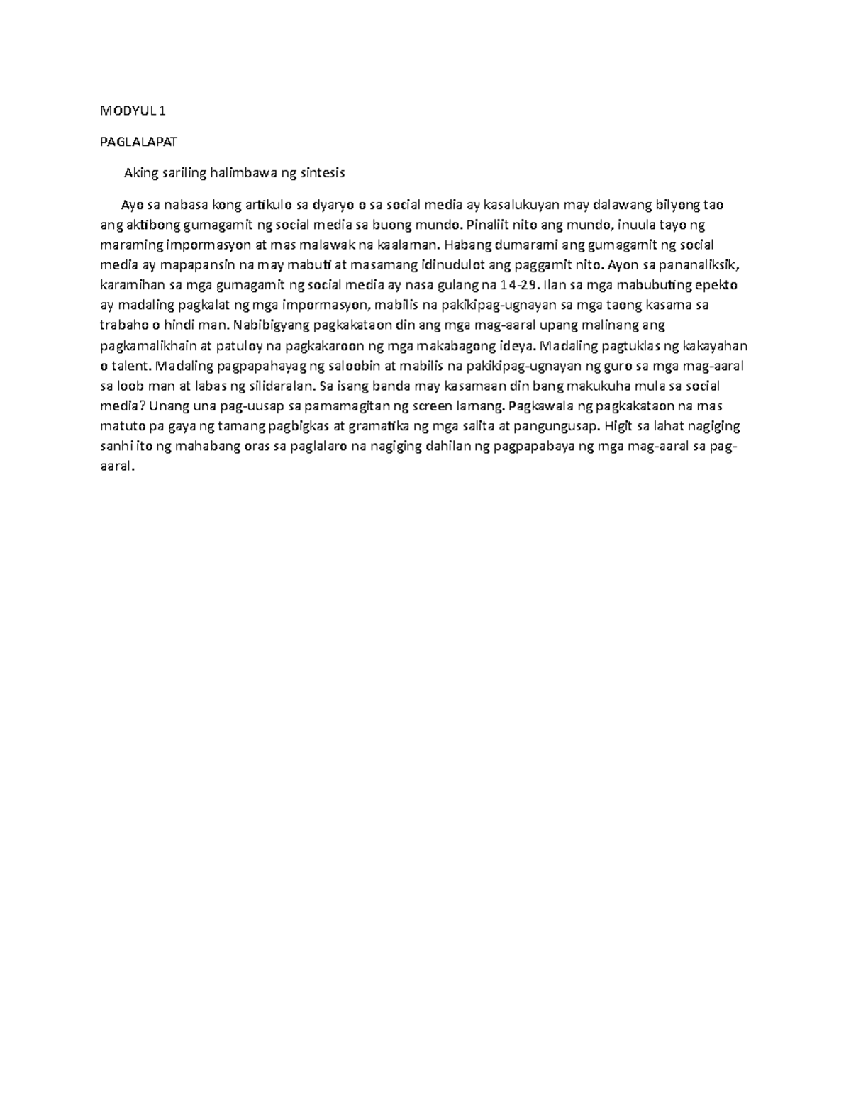 Komunikasyon sa pagsusuri-quarter 1 module 1 - MODYUL 1 PAGLALAPAT ...