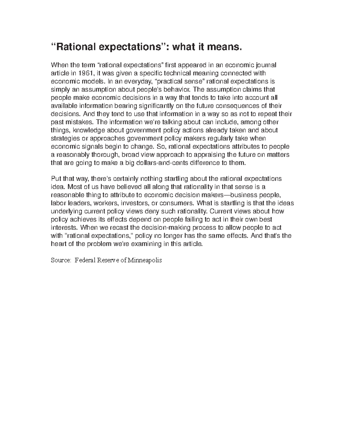 Rational Expectations summary - “Rational expectations”: what it means ...