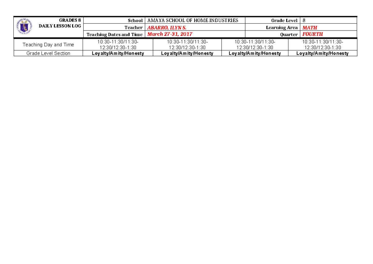 DLL LC55 Fourth -DAY1-4 - GRADES 8 DAILY LESSON LOG School AMAYA SCHOOL ...