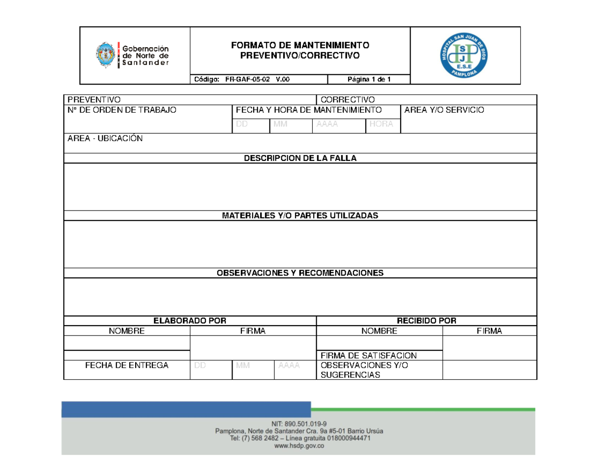 FR GAF 05 02 V - Formatos descargables - FORMATO DE MANTENIMIENTO PREVENTIVO/CORRECTIVO Código ...