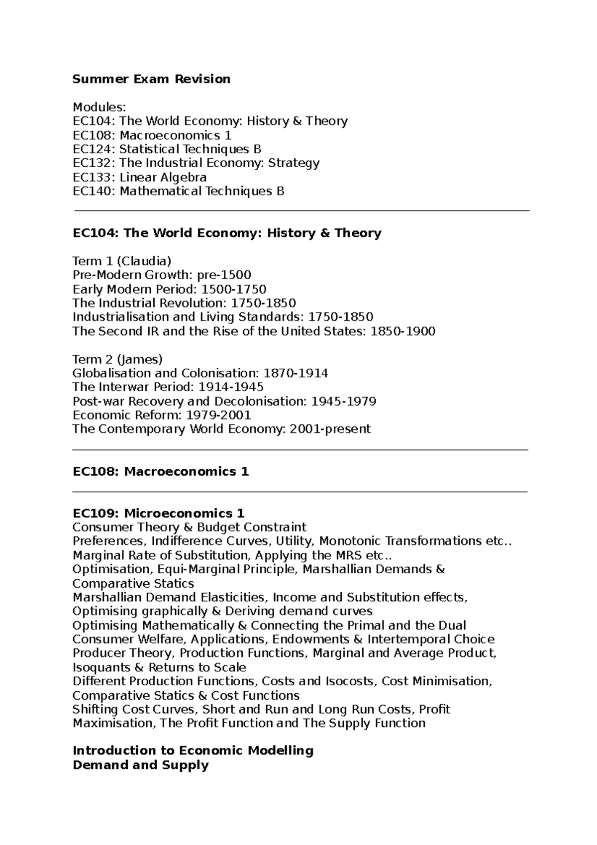 Summer Exam Revision - Summary - Summer Exam Revision Modules: EC104: The World Economy: History ...