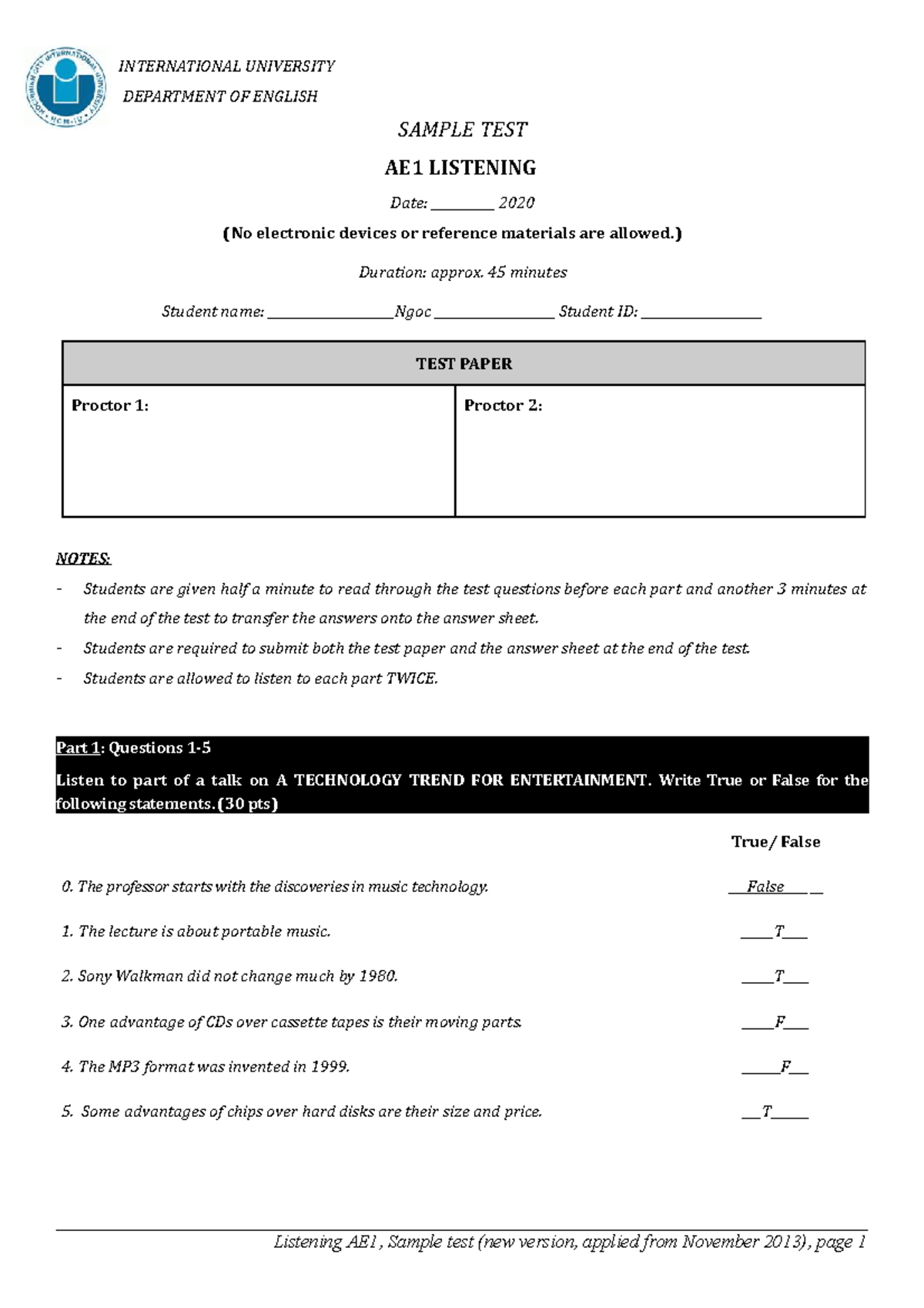 AE1 Sample test - Test paper - INTERNATIONAL UNIVERSITY DEPARTMENT OF ...
