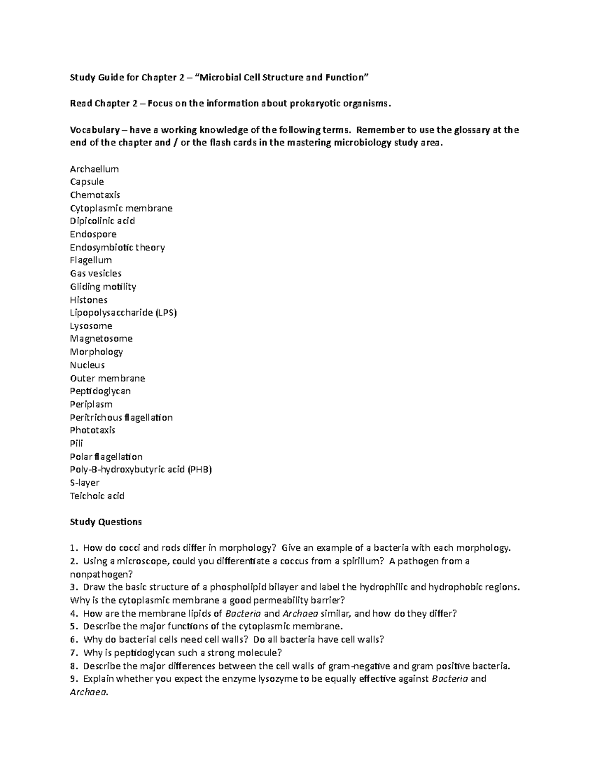 Chapter 2 - Study Guide - Study Guide for Chapter 2 – “Microbial Cell ...