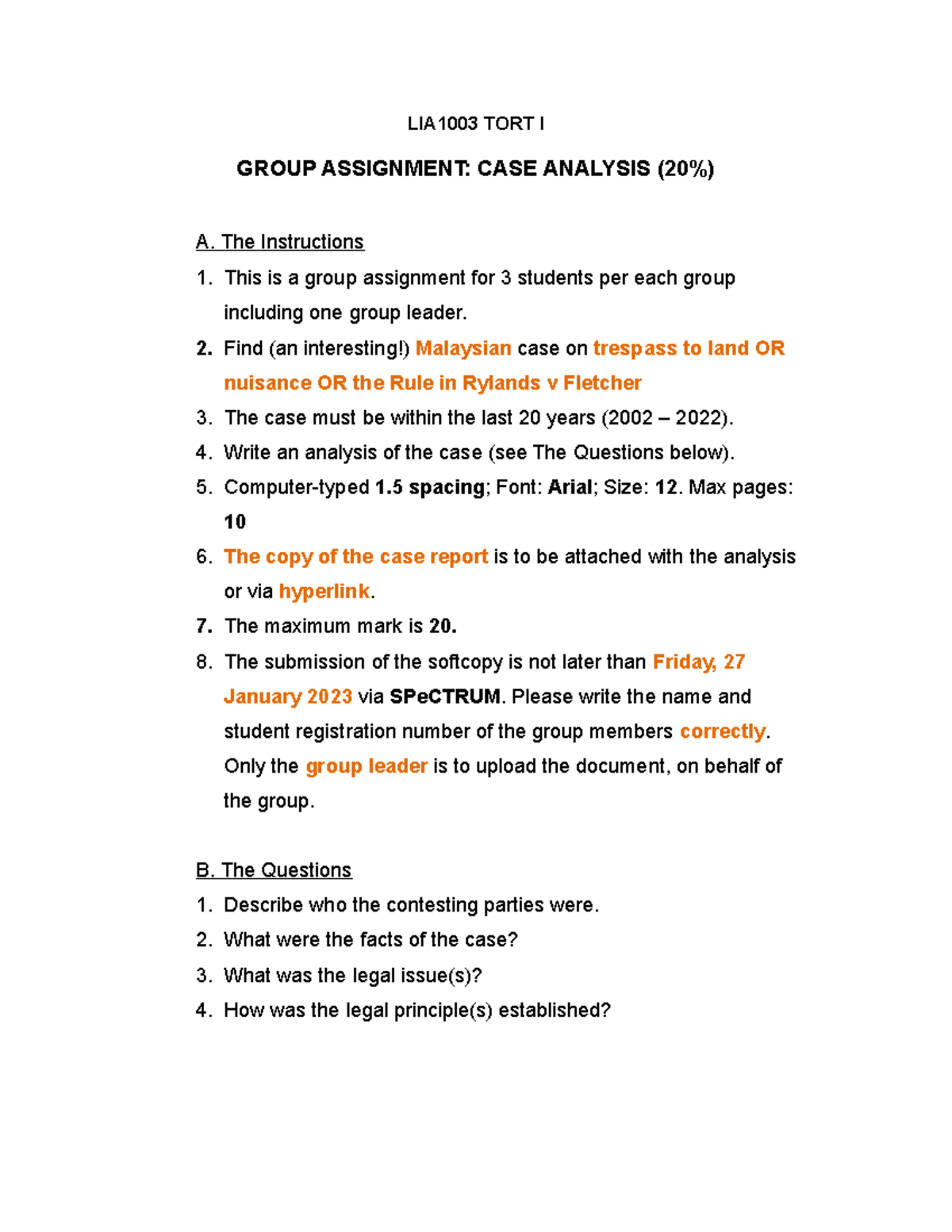 LIA1003 Assignment 2022 23 - LIA1003 TORT I GROUP ASSIGNMENT: CASE ANALYSIS (20%) A. The - Studocu