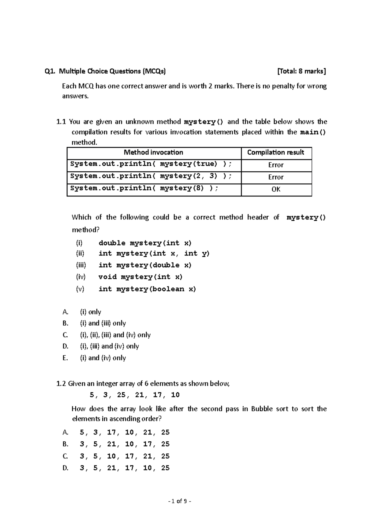 Exam 16s1 Programming Language Q1 Multiple Choice Questions Mcqs Total 8 Marks Each