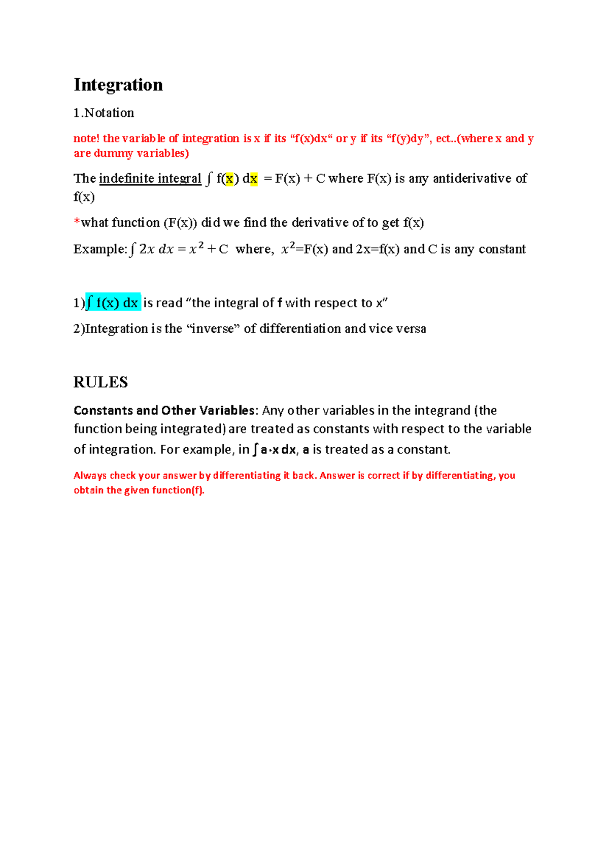 Intergration pdf - Integration 1 note! the variable of integration is x if its “f(x)dx“ or y if ...