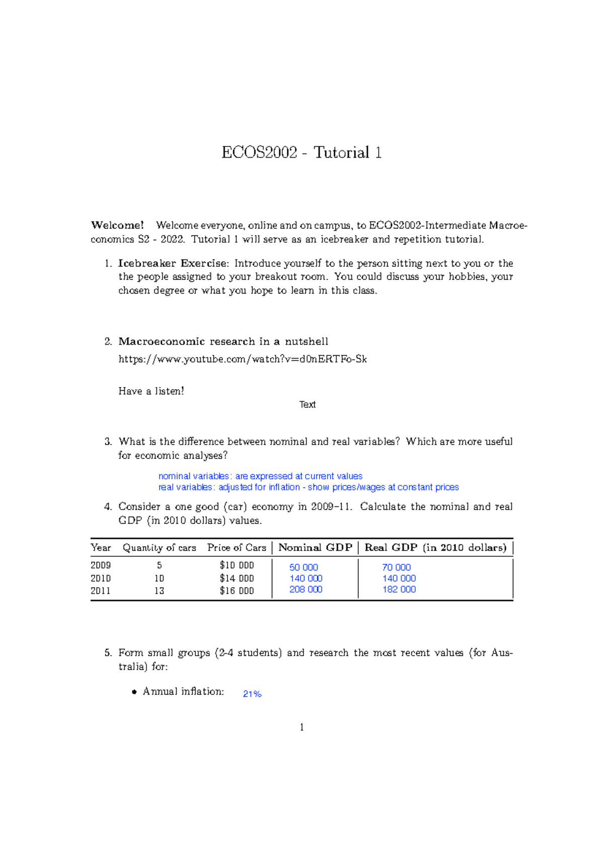 Tutorial 1 - ECOS2002 - Tutorial 1 Welcome! Welcome everyone, online and on campus, to - Studocu