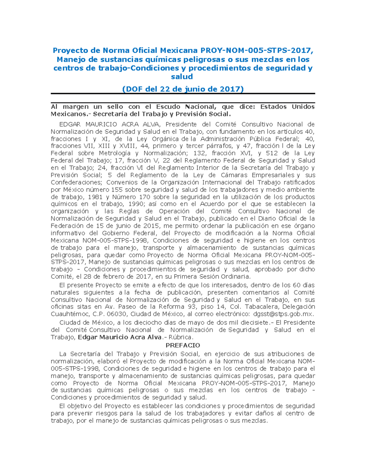 Proyecto de norma oficial mexicana proy nom 005 stps 2017 manejo de sustancias quimicas ...
