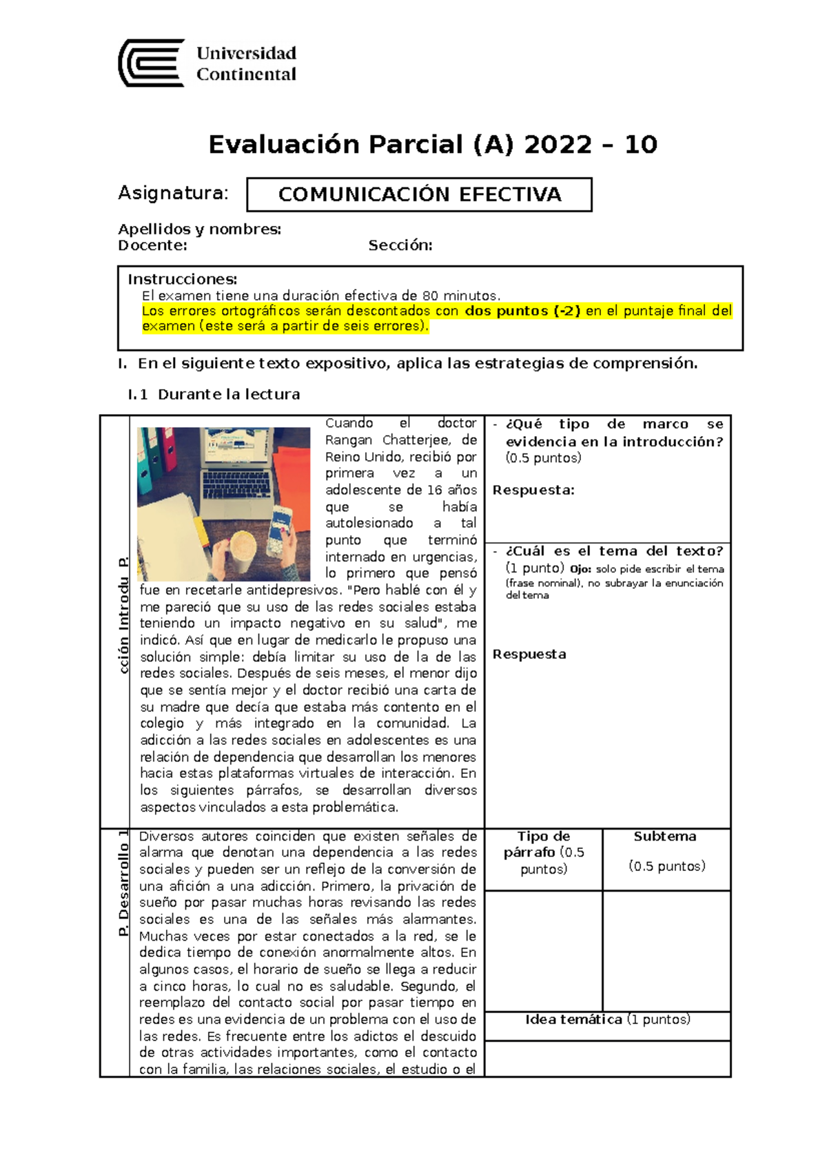 Evaluación Parcial (equipo 1) - Evaluación Parcial (A) 2022 – 10 Asignatura: Apellidos y nombres ...