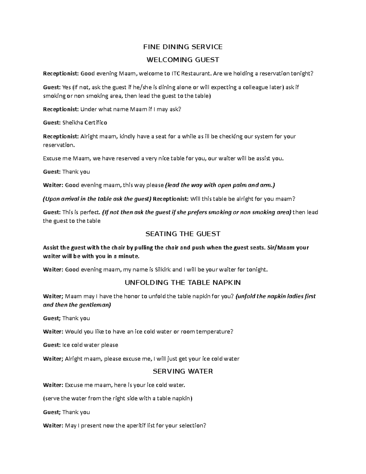 FBS Script Dining - FINE DINING SERVICE WELCOMING GUEST Receptionist ...