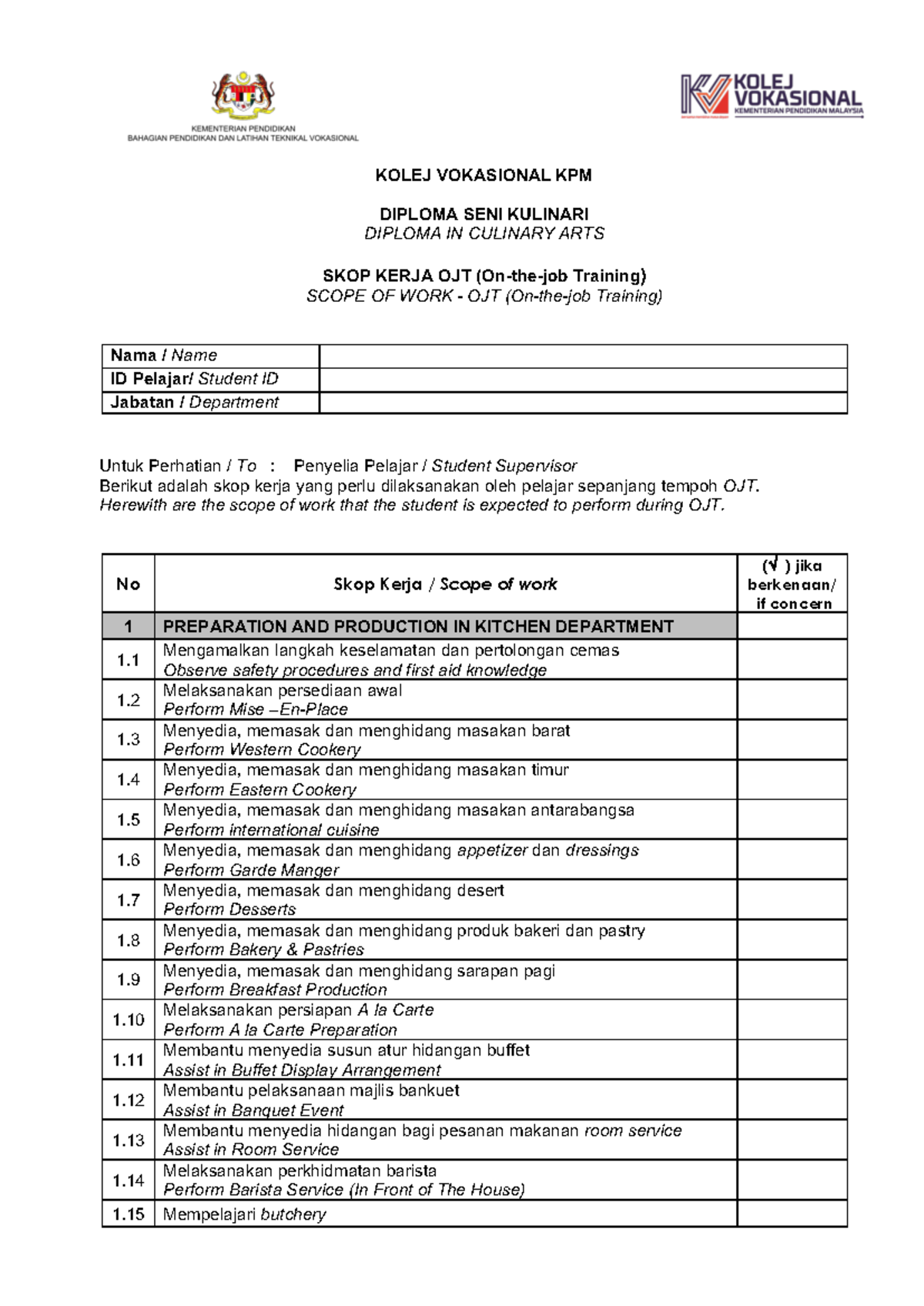 SKOP Kerja OJT - SENI Kulinari - KOLEJ VOKASIONAL KPM DIPLOMA SENI ...