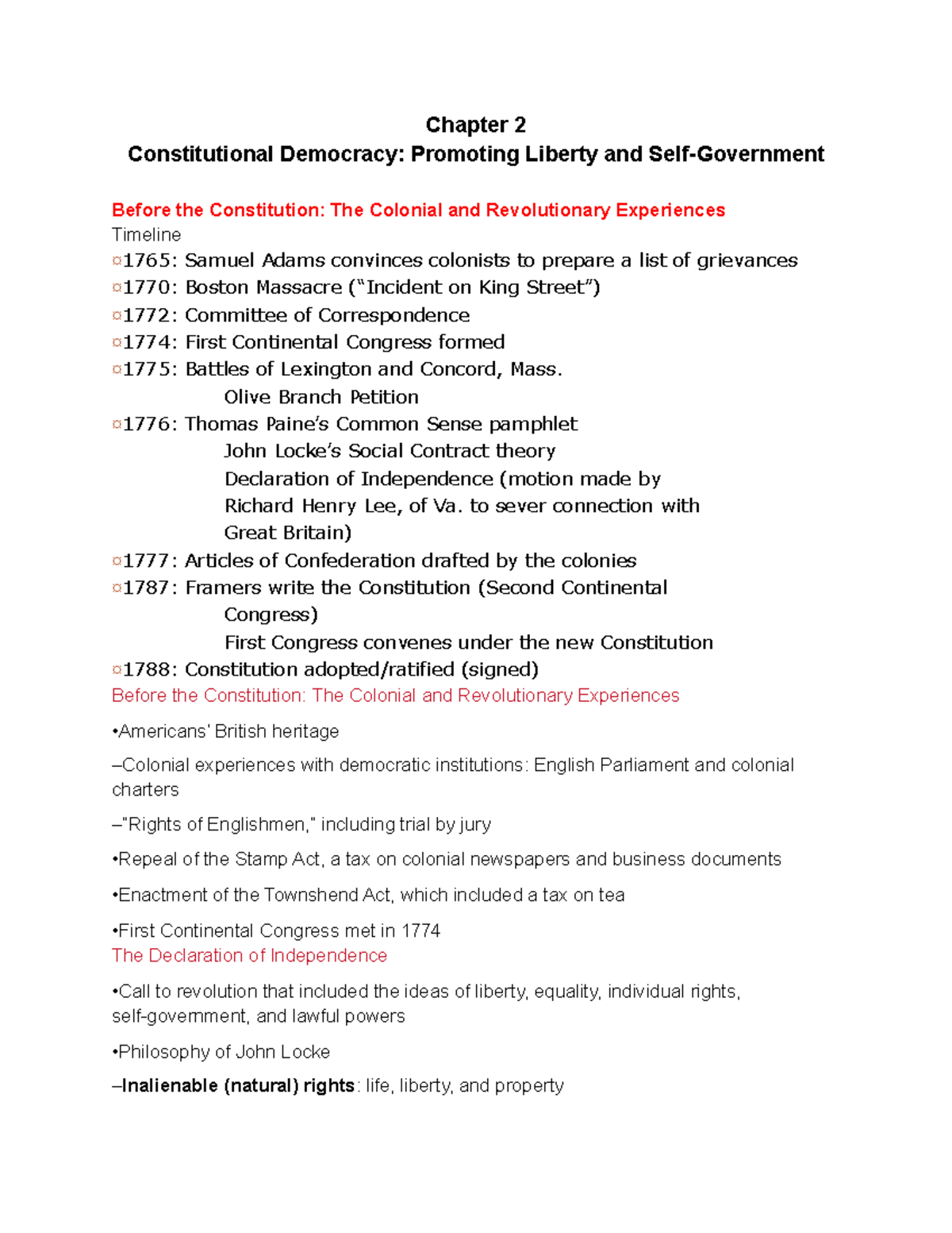 Chapter 2 Notes - Chapter 2 Constitutional Democracy: Promoting Liberty ...