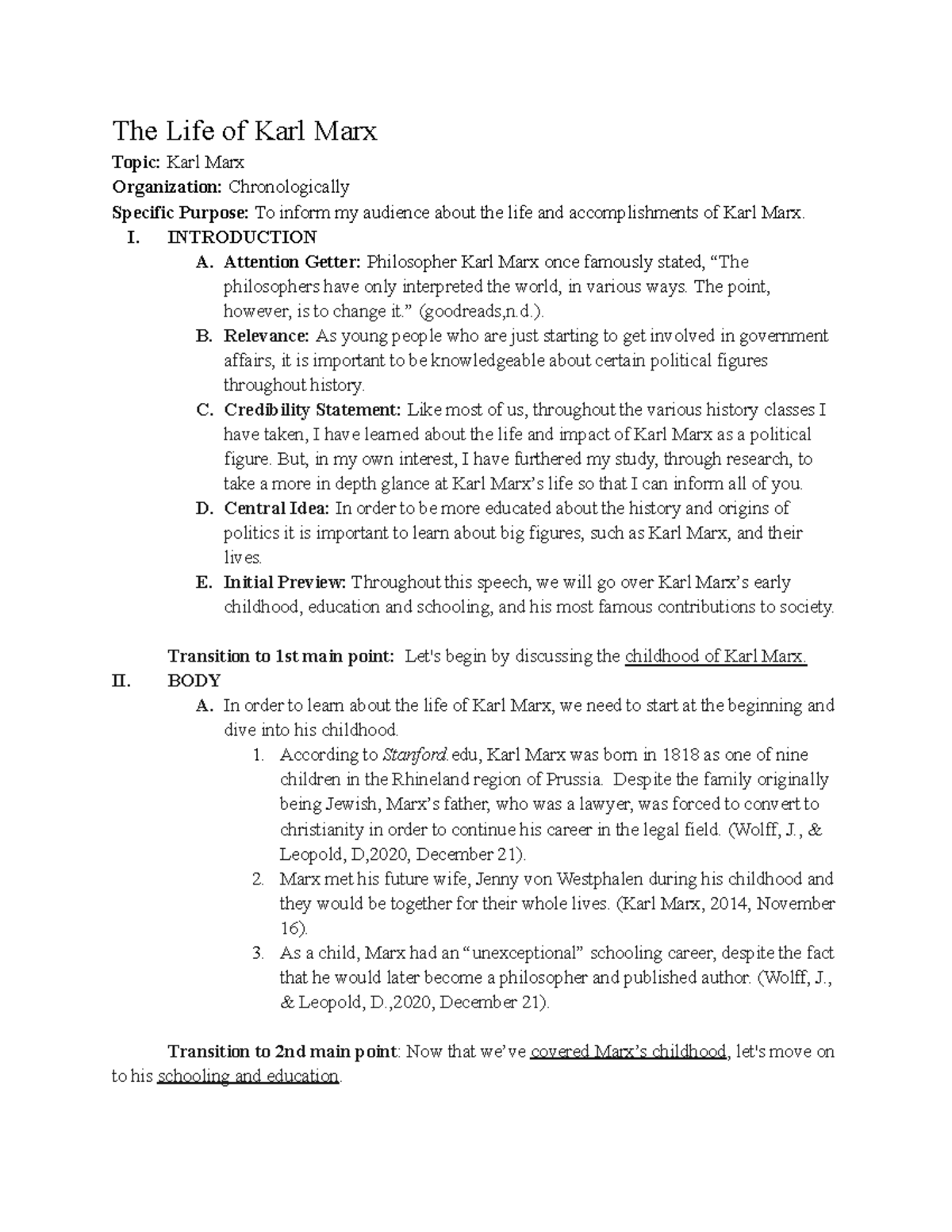 Example Speech Outline- Comms - The Life of Karl Marx Topic: Karl Marx ...