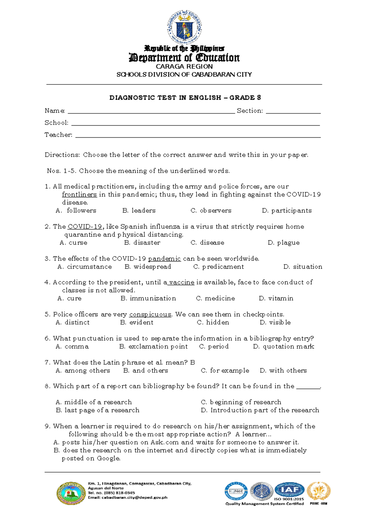 Diagnostic TEST - Grade 8- English - SY 2022-2023 - Department of ...