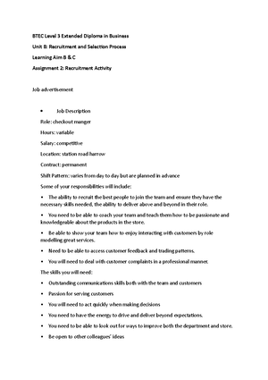 Check list for learning Aim C - Check list for learning Aims C Assignment 2: The Business - Studocu