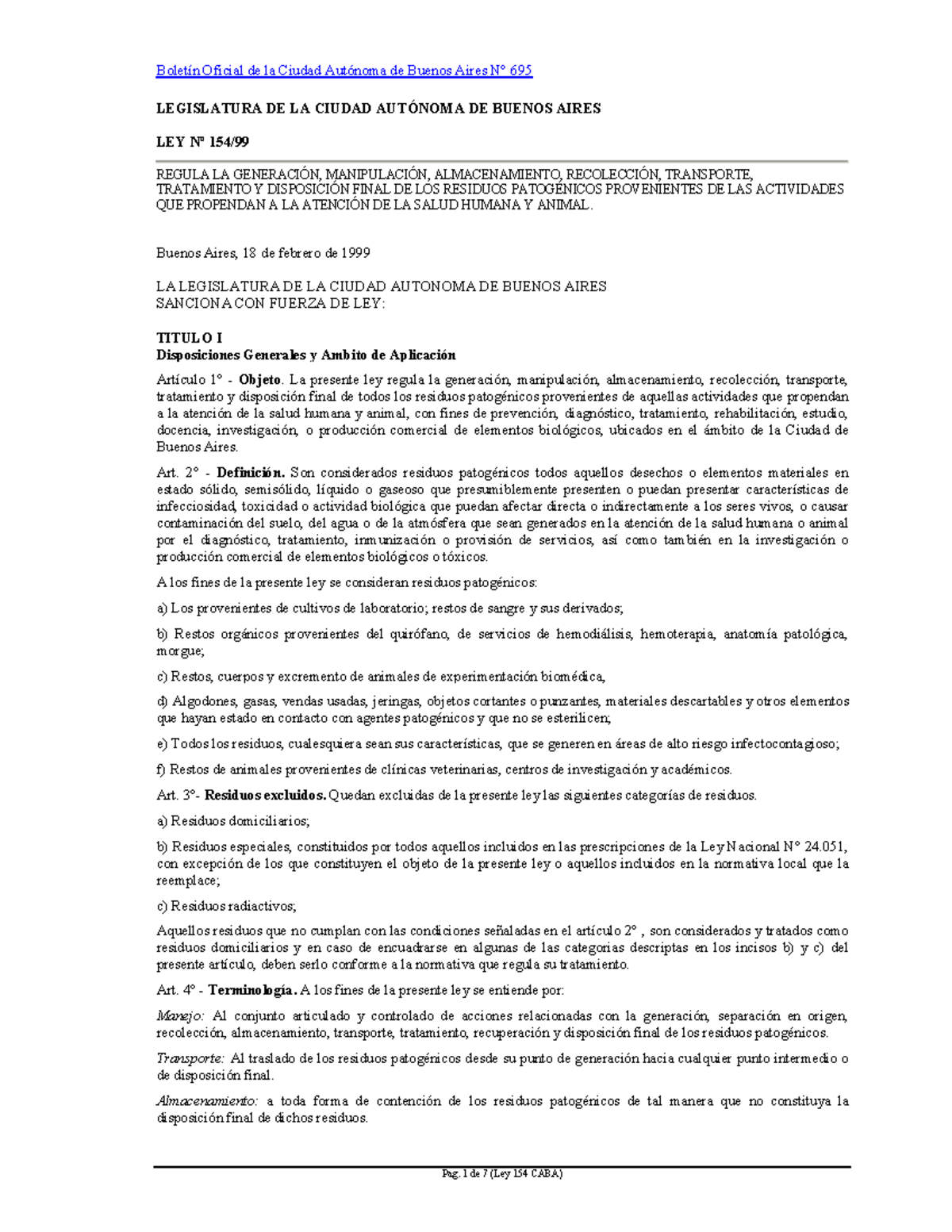 Ley 154 CABA Residuos Patogénicos 1 - - Studocu