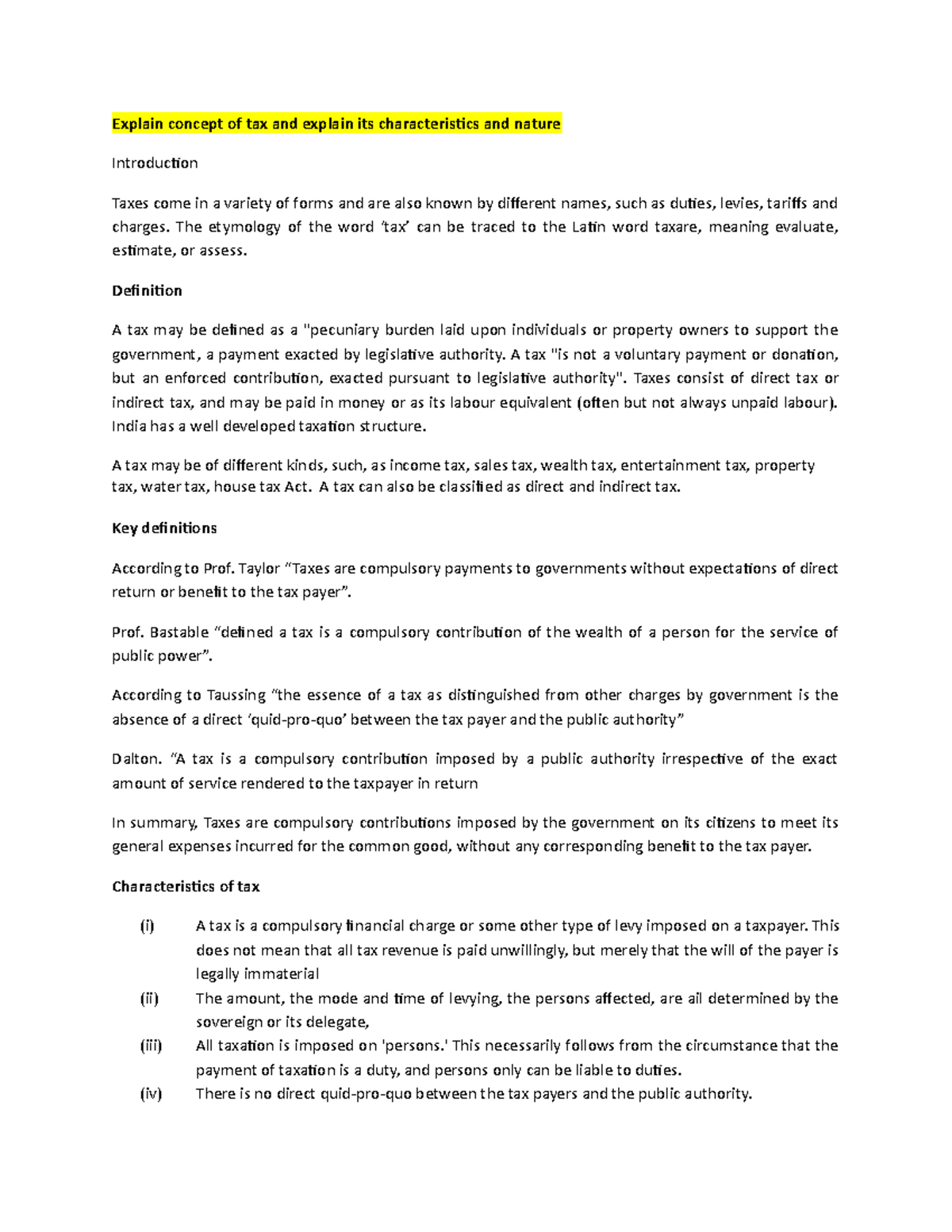 Taxation Questions - Explain concept of tax and explain its ...