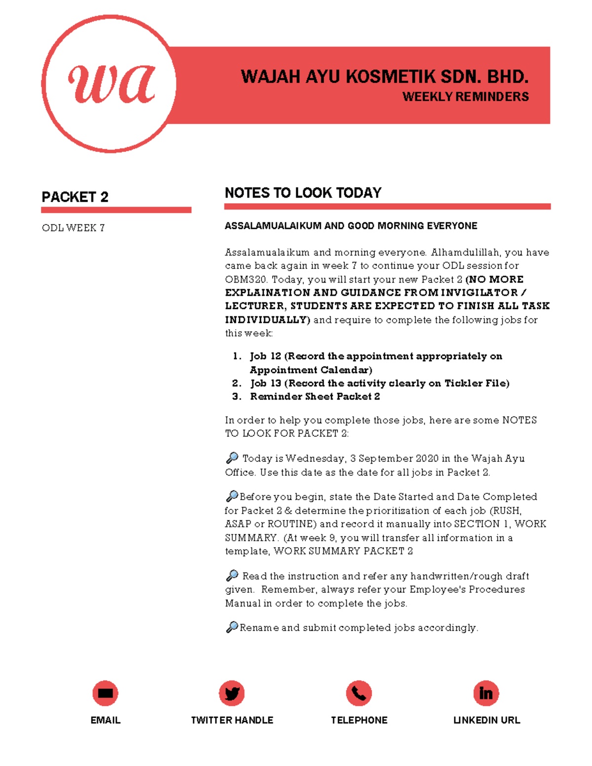 Weekly Reminder Packet 2 (WEEK 7) - EMAIL TWITTER HANDLE TELEPHONE ...