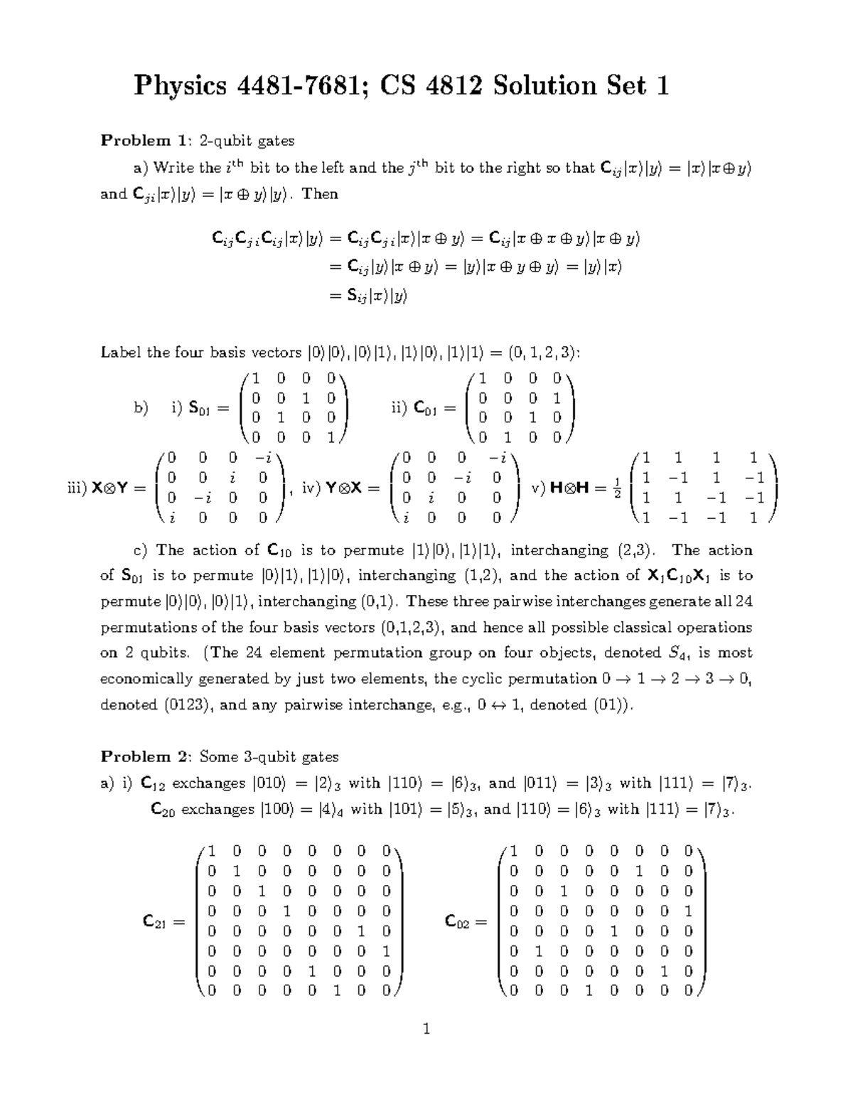 S1 - Solutions to problem set 1 - Physics 4481-7681; CS 4812 Solution Set 1 Problem 1: 2-qubit ...