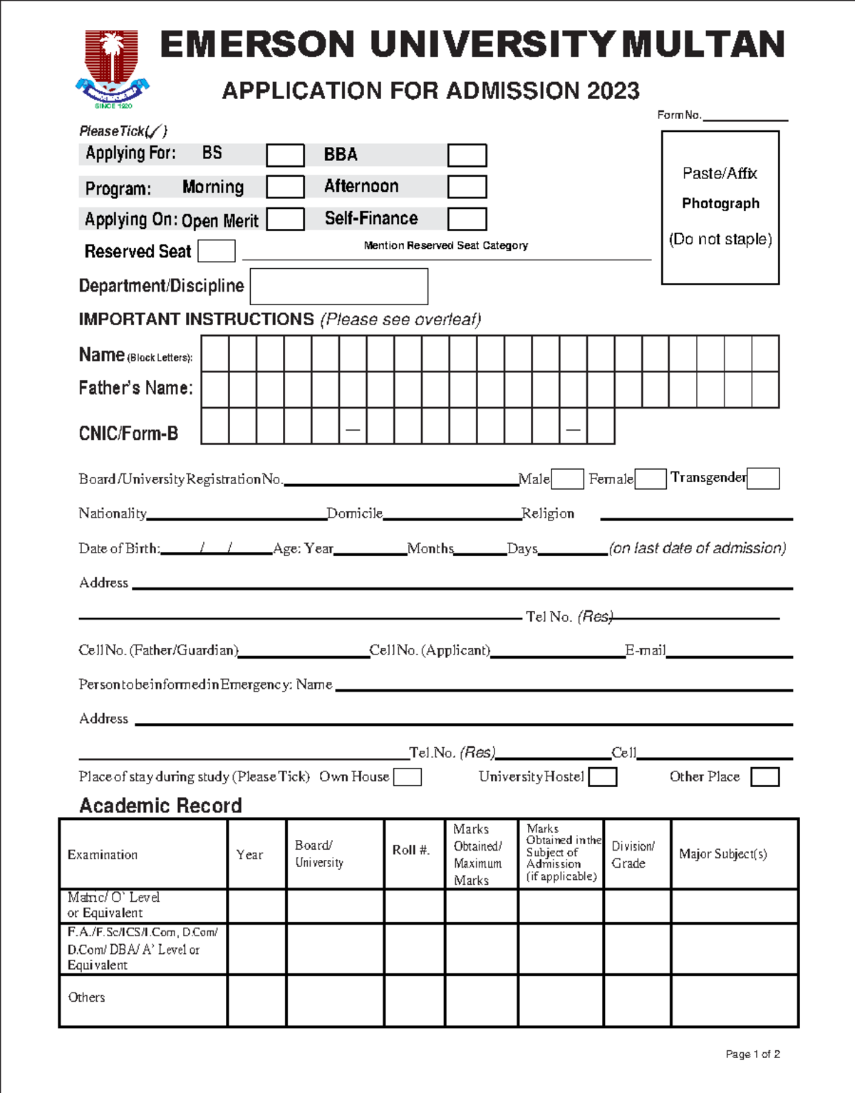 BS Spring Admission Application Form 2023 - EMERSON UNIVERSITY MULTAN SINCE 1920 Please Tick ...