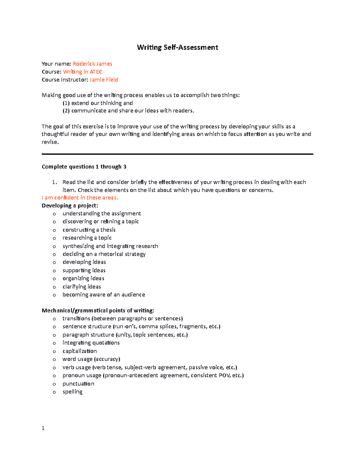 Writing Self-Assessment - The goal of this exercise is to improve your ...